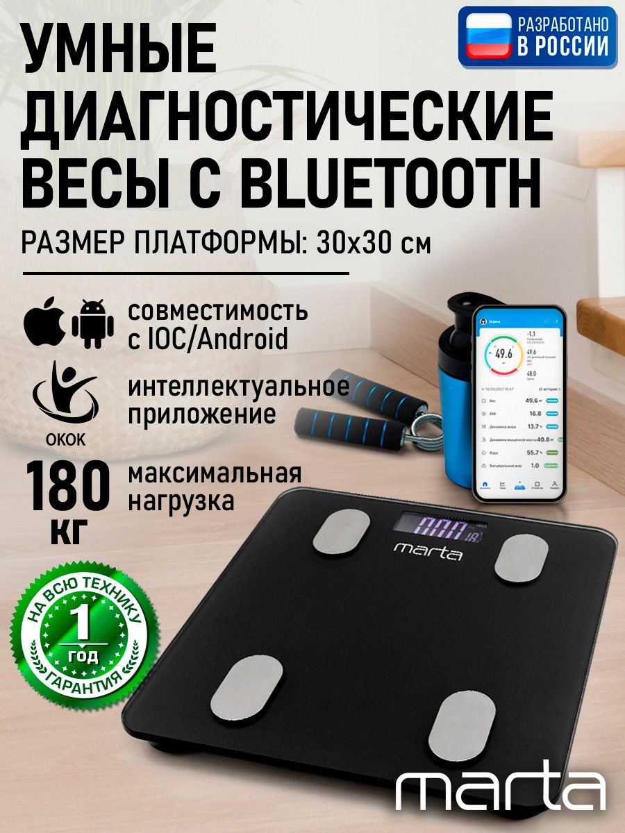 MARTA Умные весы напольные Smart Scale диагностические, с синхронизацией с телефоном Bluetooth, индикатор температуры, max 180кг, 30x30 см, черный жемчуг