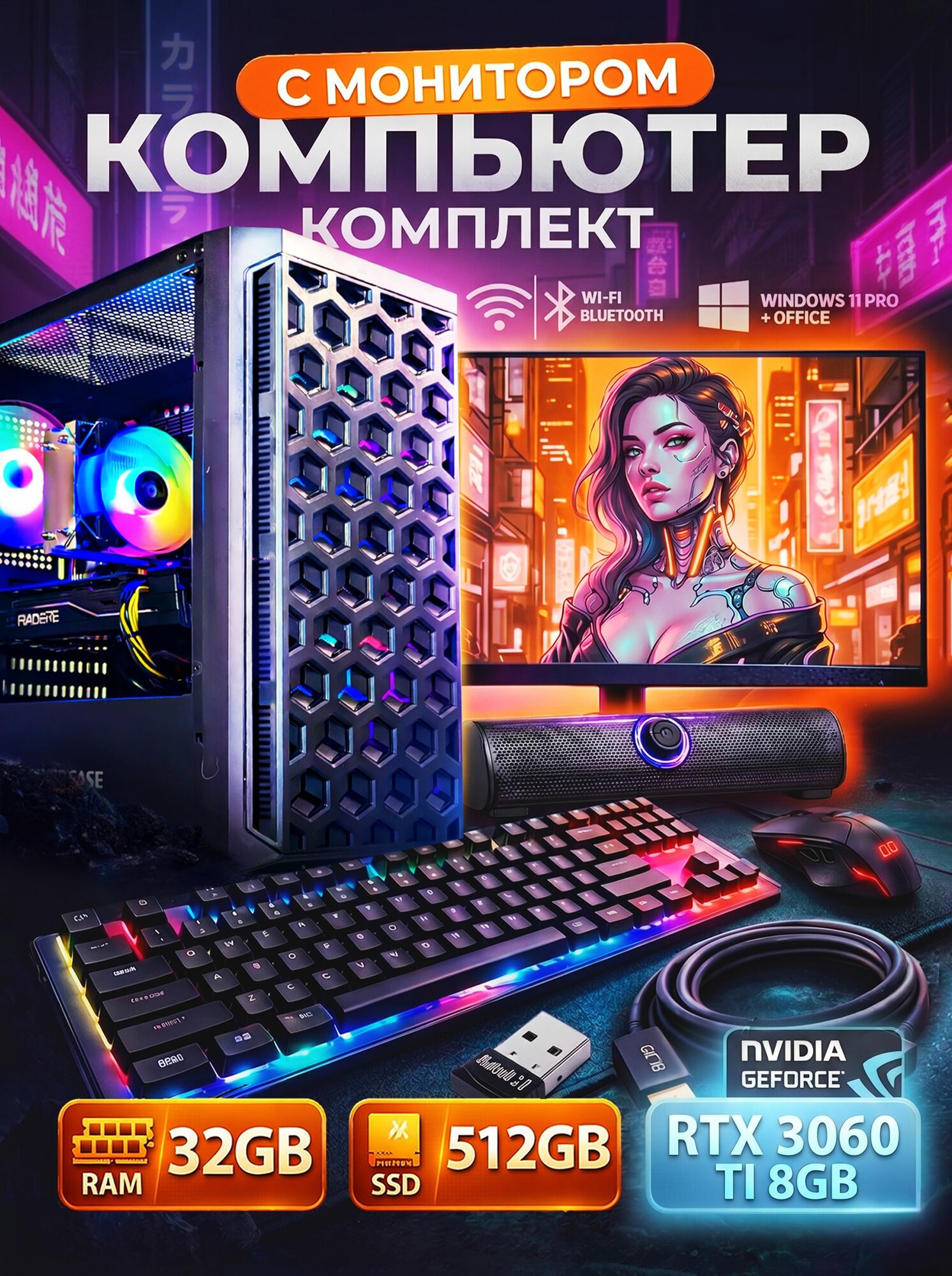 Игровой Компьютер Intel 2650v2, RTX 3060 ti 8GB, 32GB ram 512GB ssd HD