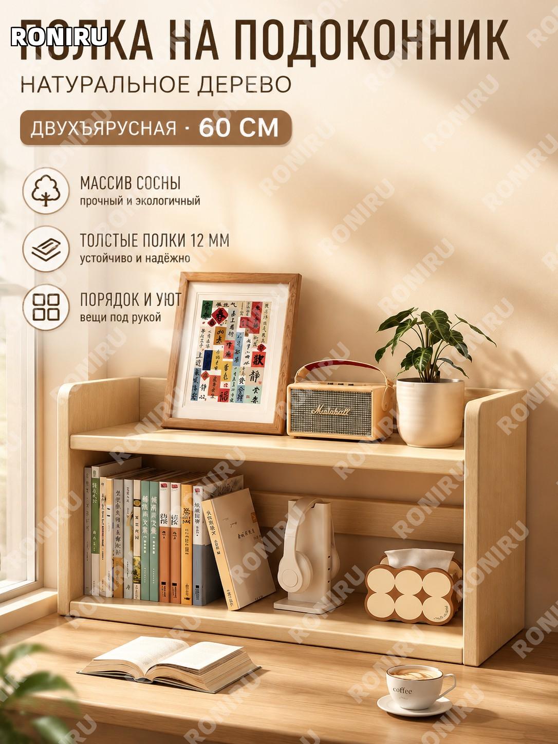 Стеллаж для подоконника из дерева 60 см, двухуровневый, из импортной сосны, без покраски, органайзер для окна дома