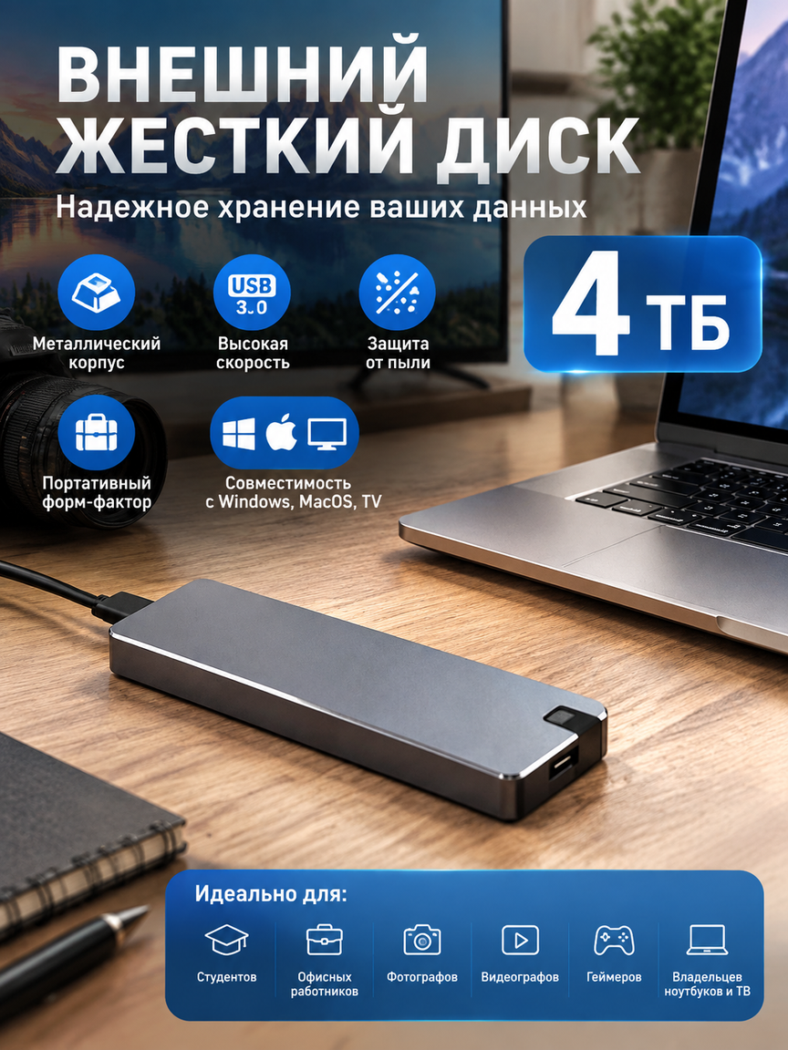 Внешний жесткий диск 4 ТБ, портативный, металл, серый металлик, USB 3.0, защита от пыли