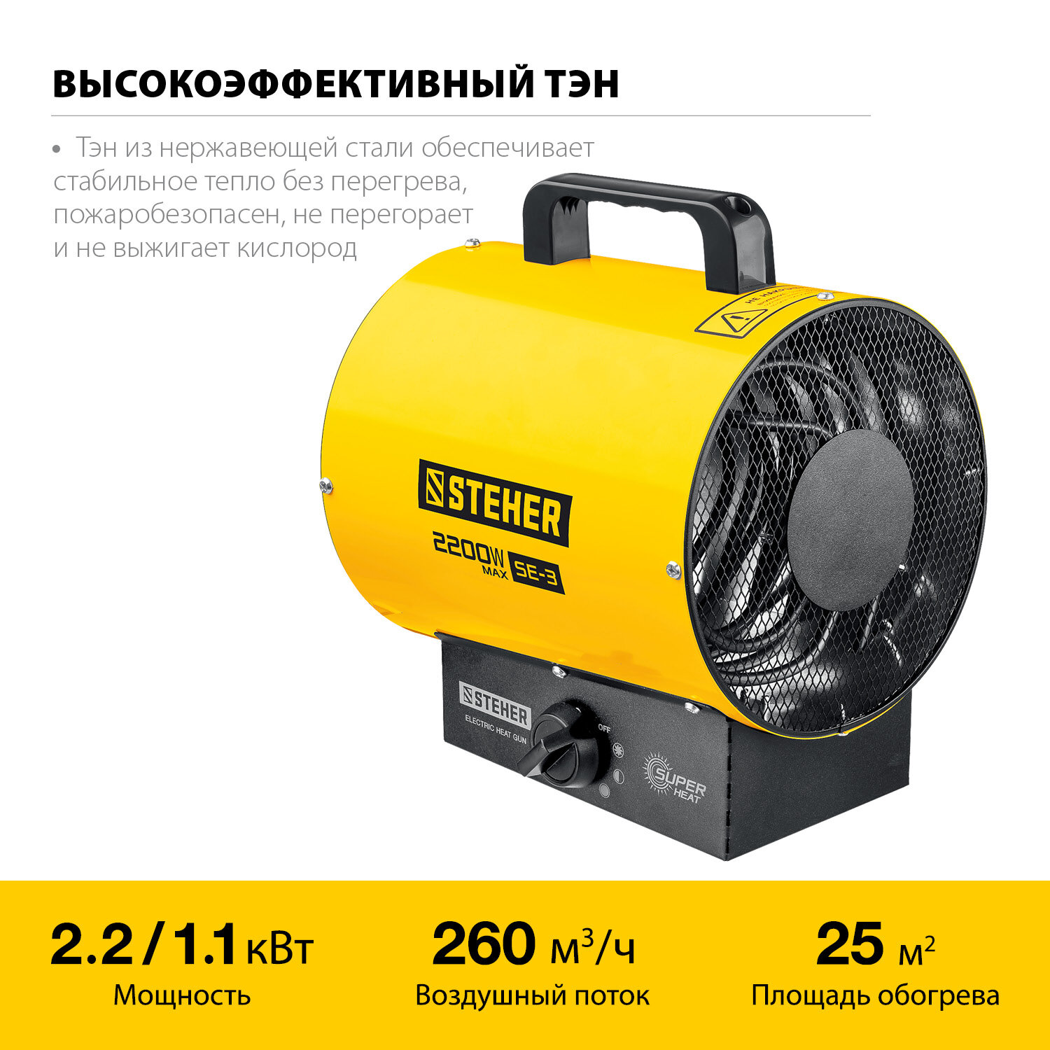 Электрическая тепловая пушка 2 кВт, компактная тепловая пушка STEHER, SE-3
