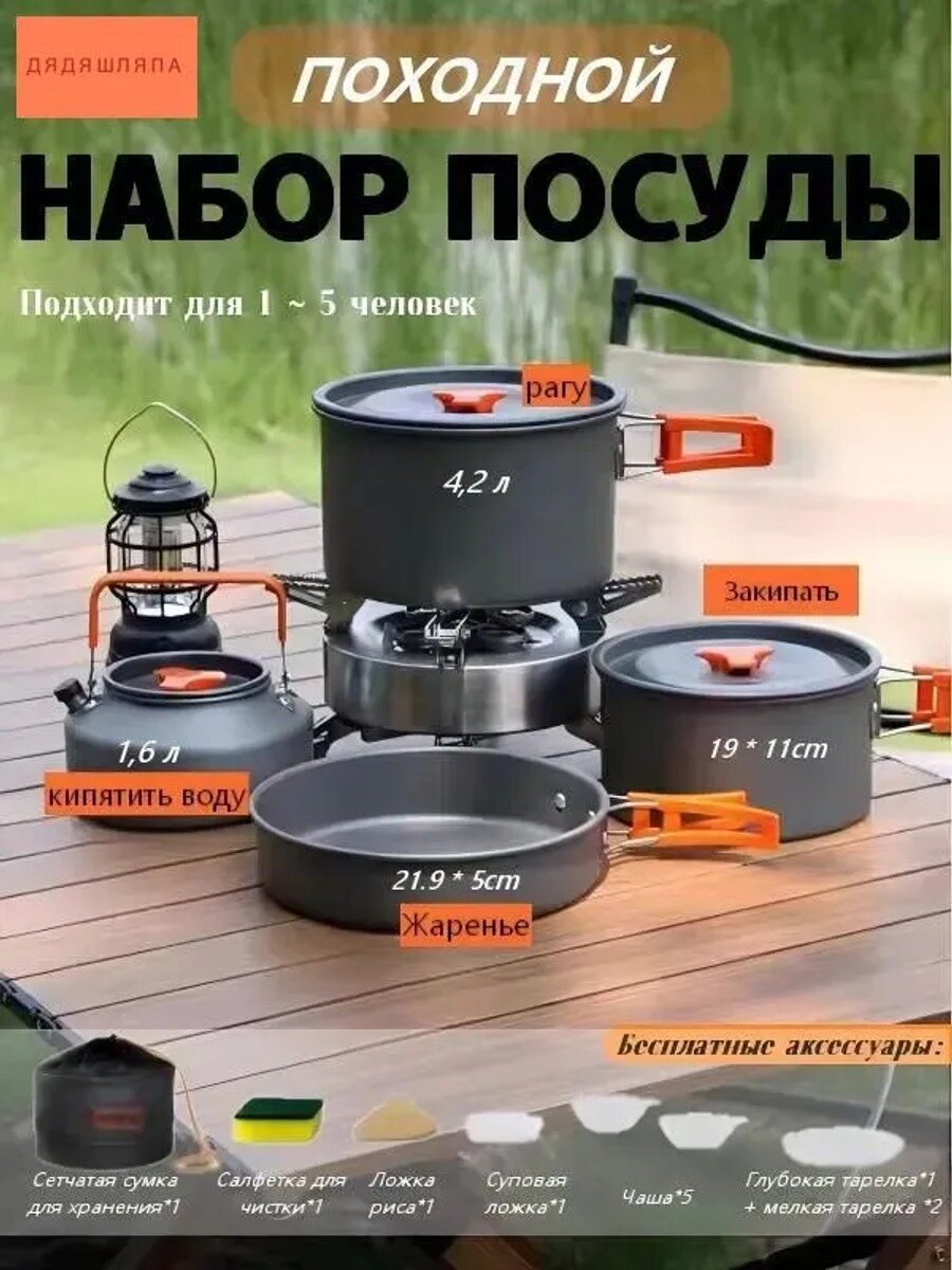 Набор туристической алюминиевой посуды для готовки на природе, походная кастрюля, котелок, ковш