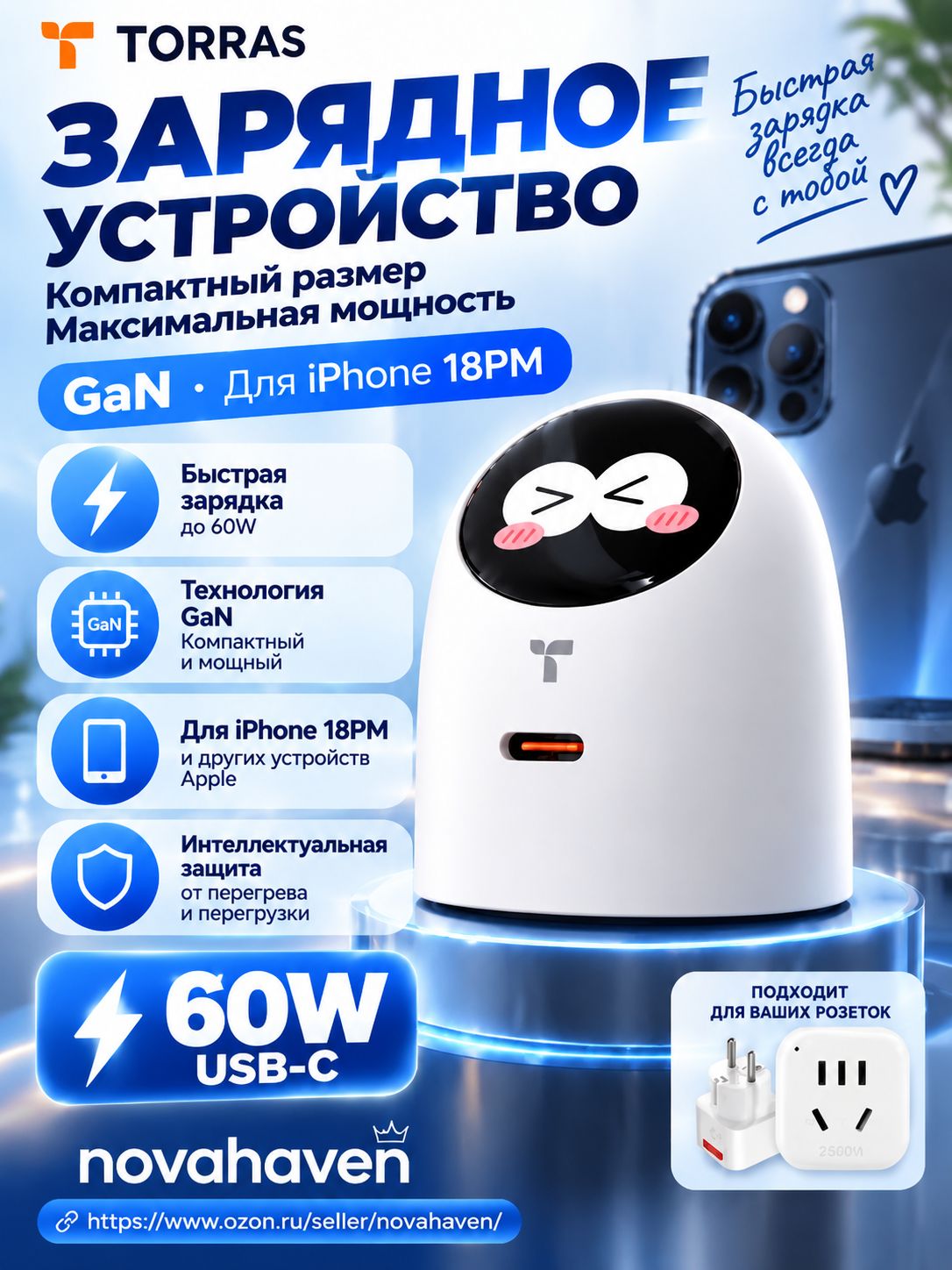 TORRAS зарядное устройство 60W, быстрая GaN зарядка Type-C(Без зарядного кабеля)