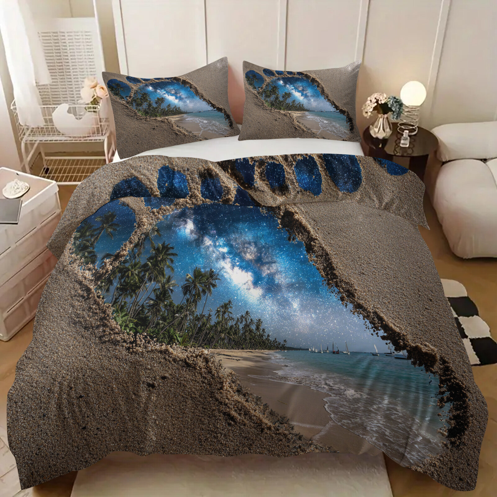 Постельное белье 2-спальное, евро простынь 200x220cm,2 наволочки 70х70, Галактический Пляж полисатин спальный комплект