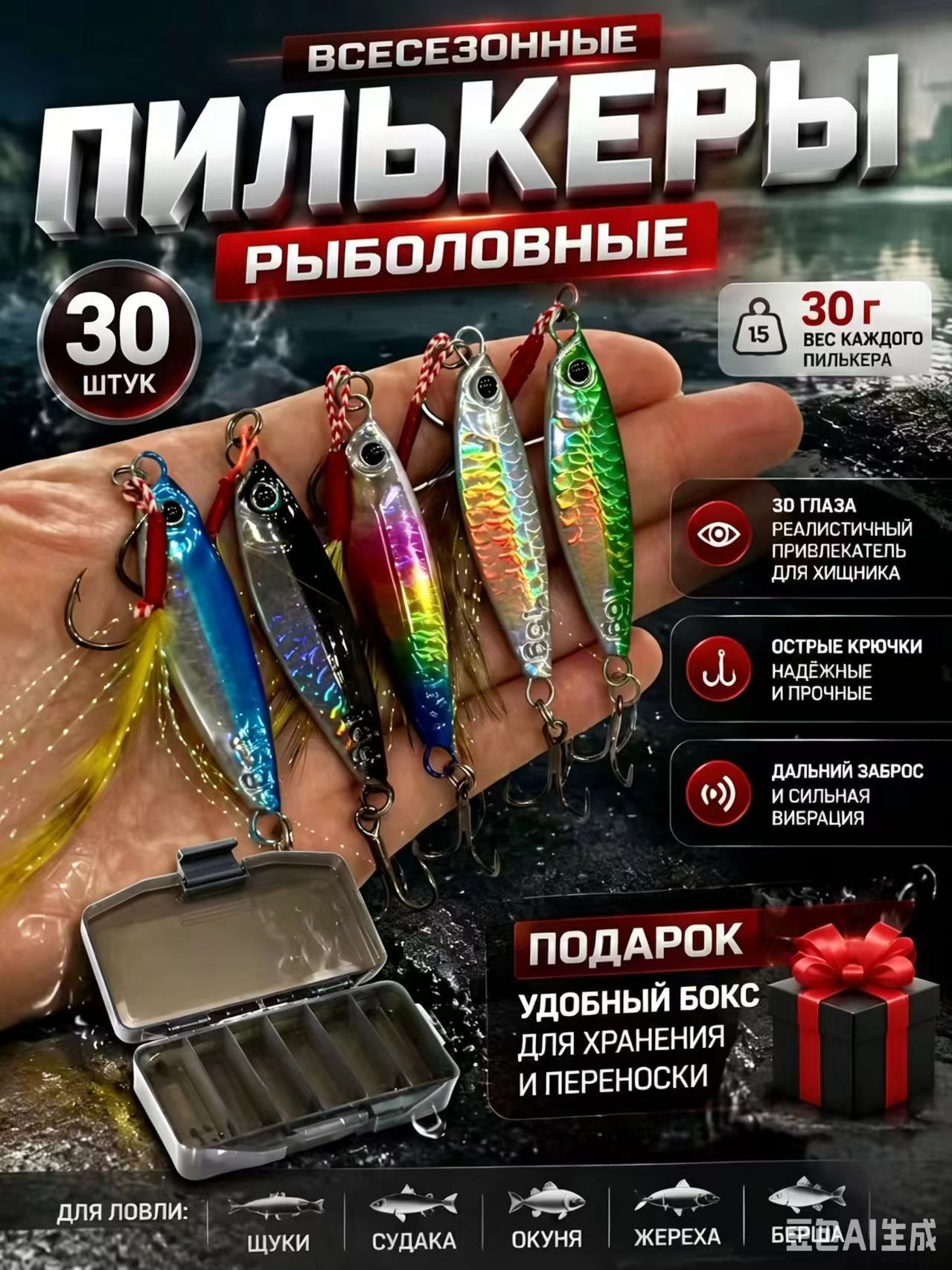 Джиг пилькер металлический30 г набор 5 шт с кейсом, дальний заброс для спиннинга на щуку окуня судака