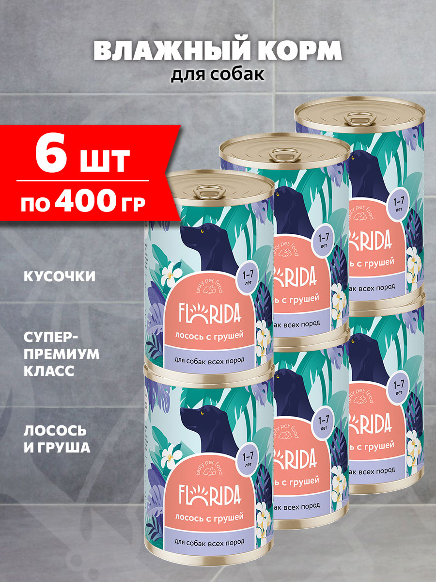 Корм влажный Florida для взрослых собак всех пород, лосось и груша, 400 г 6 шт