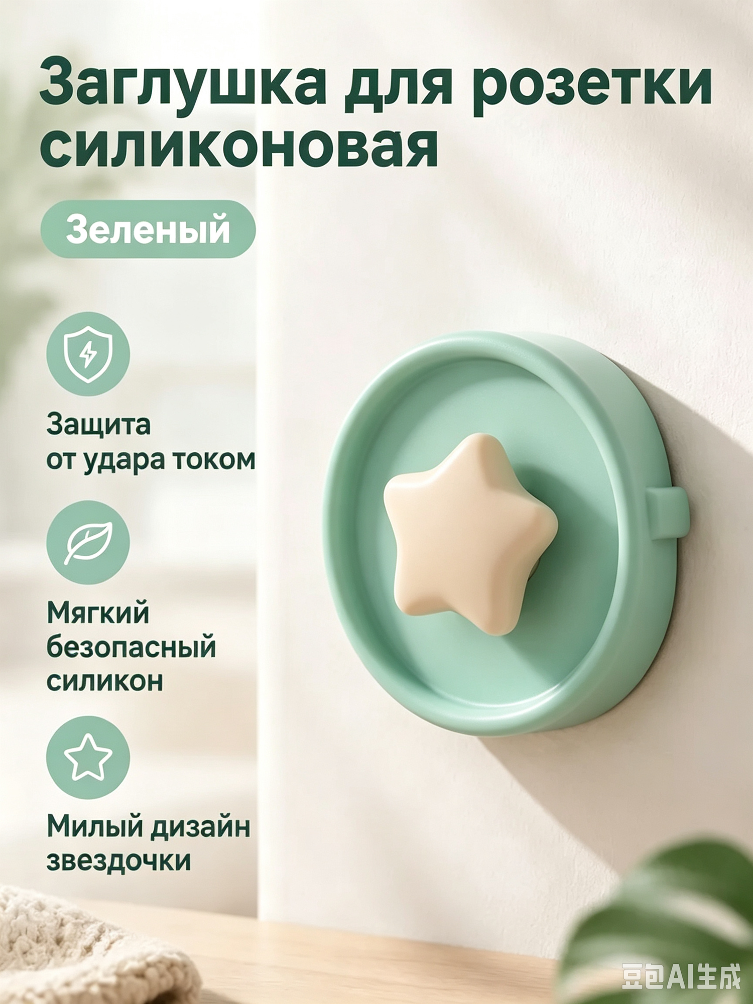 Защитные заглушки для розеток европейского стандарта из силикона: звёзды, зелёные