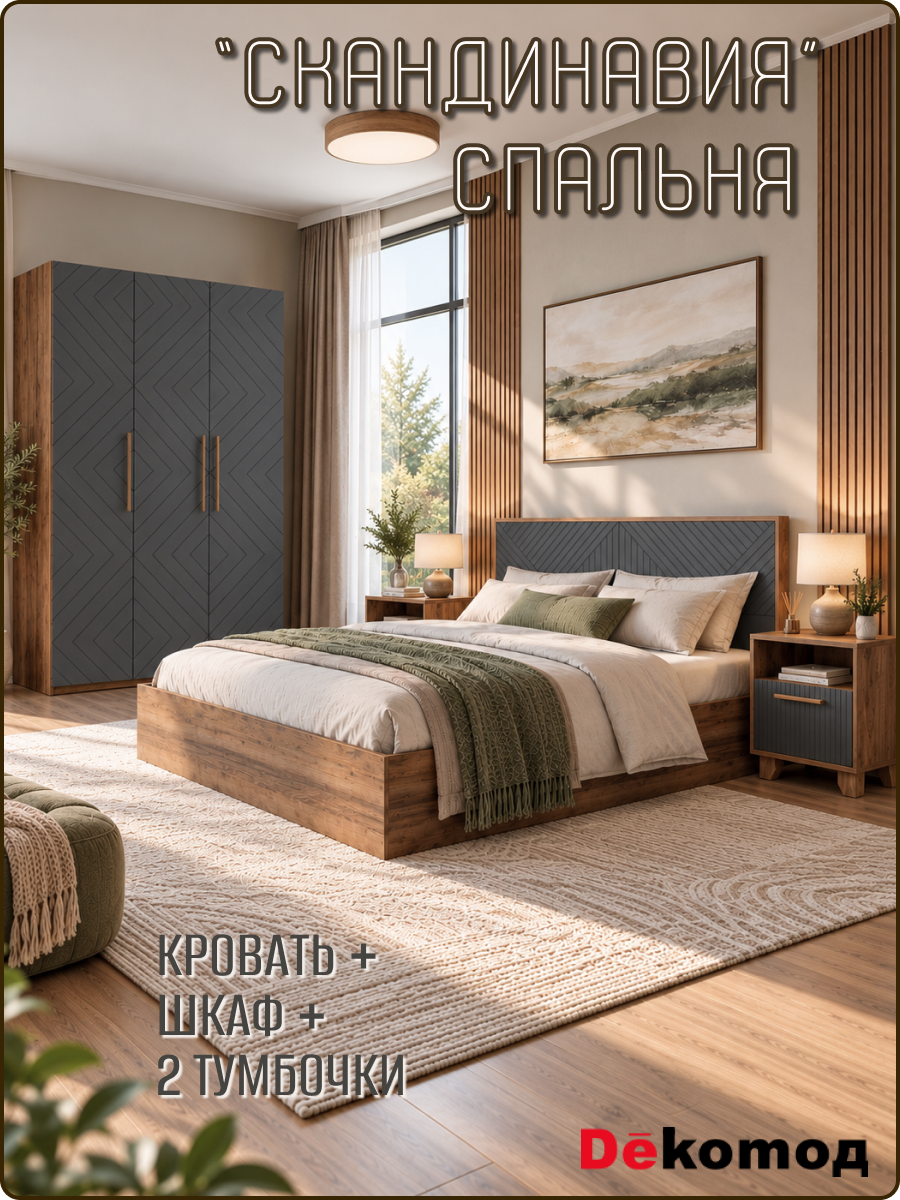 Спальный гарнитур Скандинавия, комплект мебели: кровать двуспальная, трехстворчатый одежный шкаф, прикроватные тумбочки
