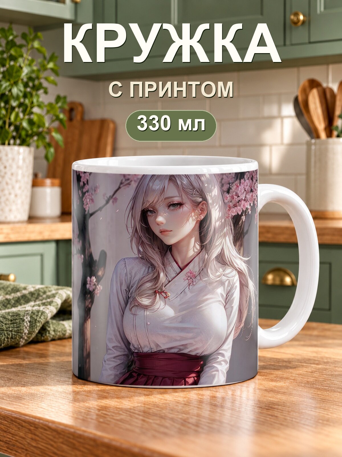 Кружка MoodRoom «Anime Girl White Hairs Sitting On Bench», керамическая, 330 мл, для чая и кофе