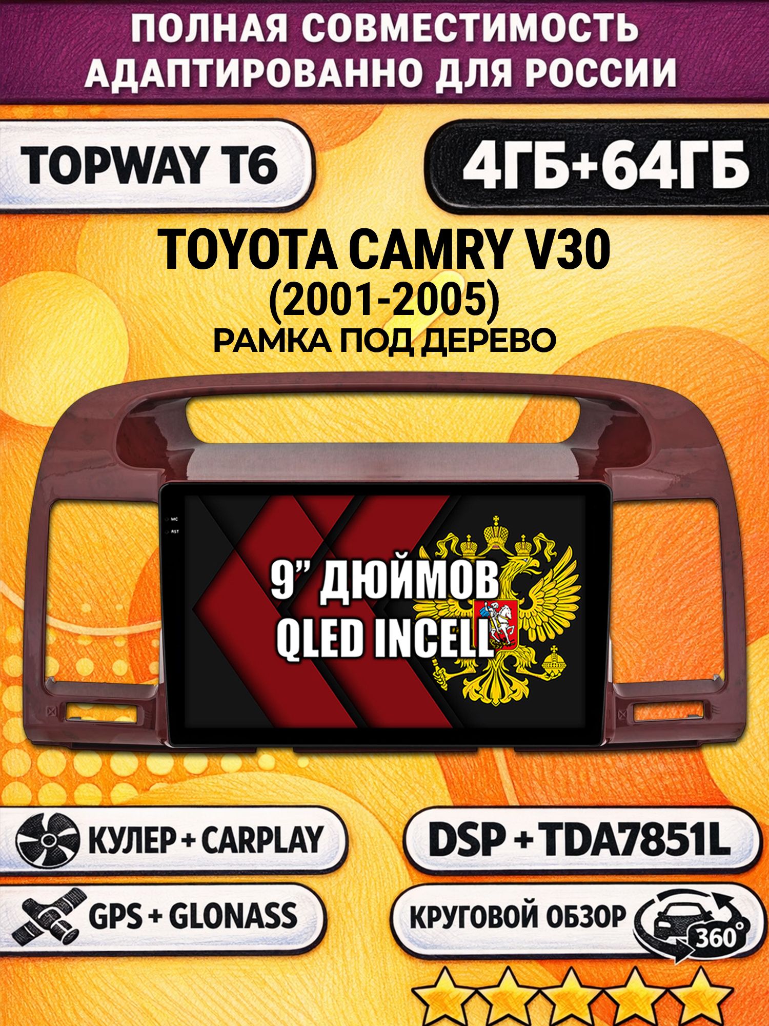 4ГБ+64ГБ магнитола для TOYOTA CAMRY V30 (2001-2005), рамка под дерево, 360 обзор, DSP, беспроводной CarPlay/Android Auto, GPS/ГЛОНАСС