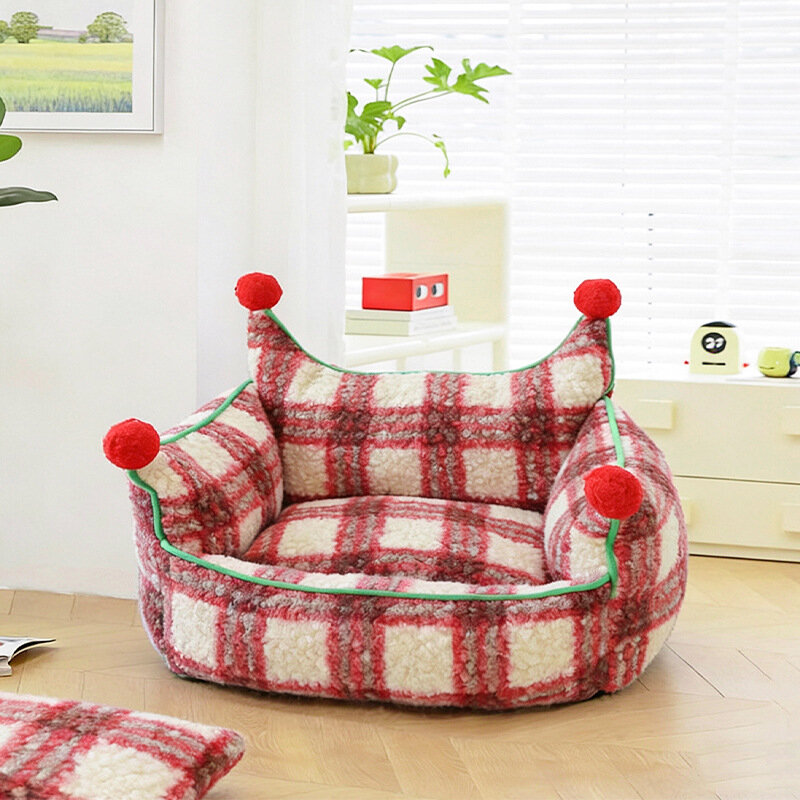 Лежанка для собак и кошек 45x30 см, Корона-розовый клетчатый узор, несъемный чехол, Наполнитель ПП-хлопок