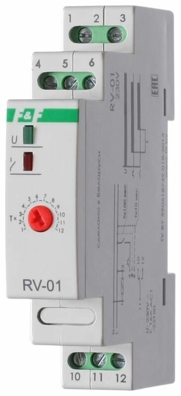 Реле времени RV-01 230В 16А задержка включ. 1.1200с 1перекл. IP20 монтаж на DIN-рейке F&F EA02.001.007