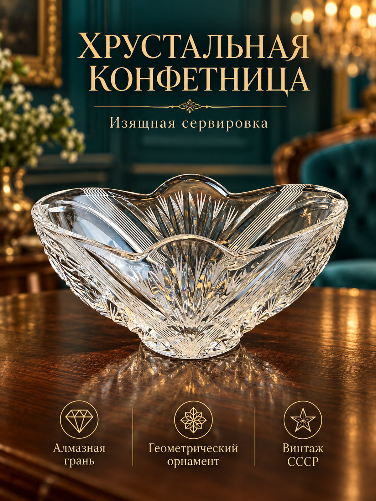 Вазочка хрустальная конфетница алмазная грань, геометрический орнамент, винтаж СССР 1970-1990 гг