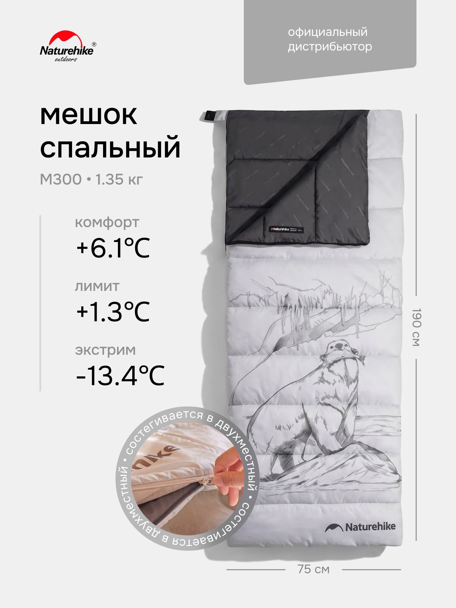 Спальный мешок туристический Naturehike M300, 190х75 см, принт "Белый медведь"