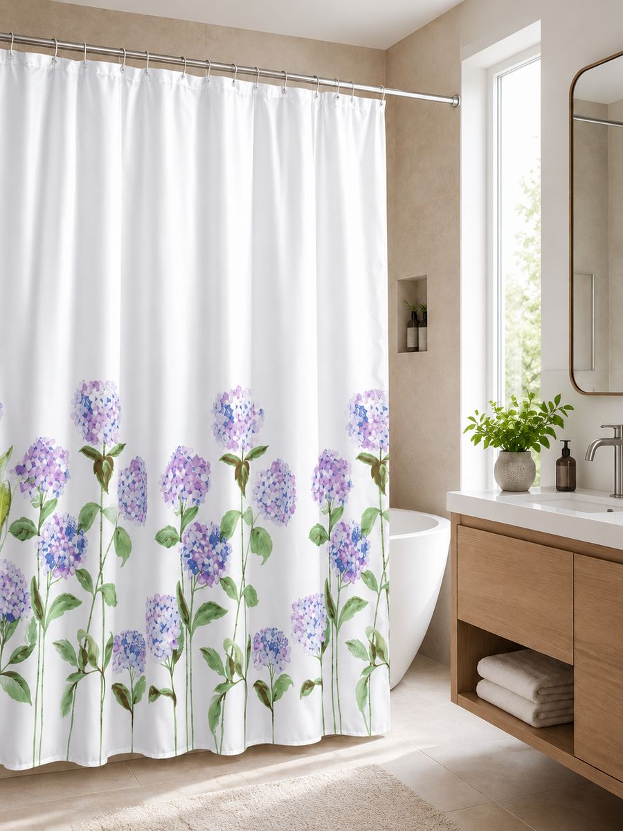 Штора занавеска для ванной BATH PLUS 180*200 тканевая&не промокаемая Hydrangea (Гортензия)