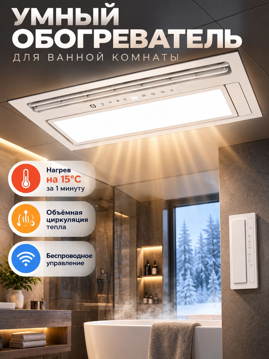 Обогреватель для ванной комнаты 2800 Вт, потолочный, с вентиляцией, освещением и Bluetooth-пультом