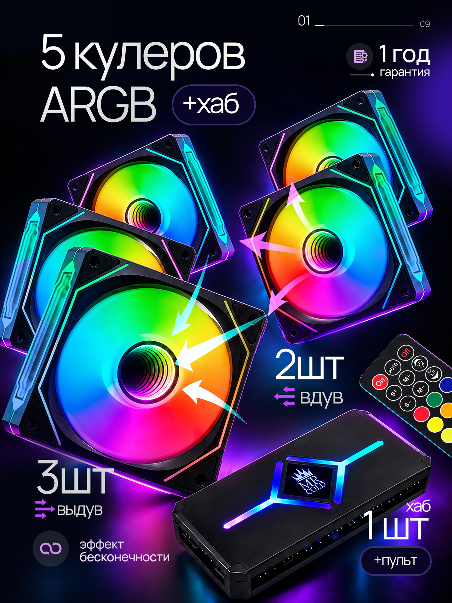 Вентиляторы для ПК 120мм кулер для корпуса компьютера ARGB комплект 5шт с контроллером хабом 3 стандарт 2 реверс s50i Mr Cold