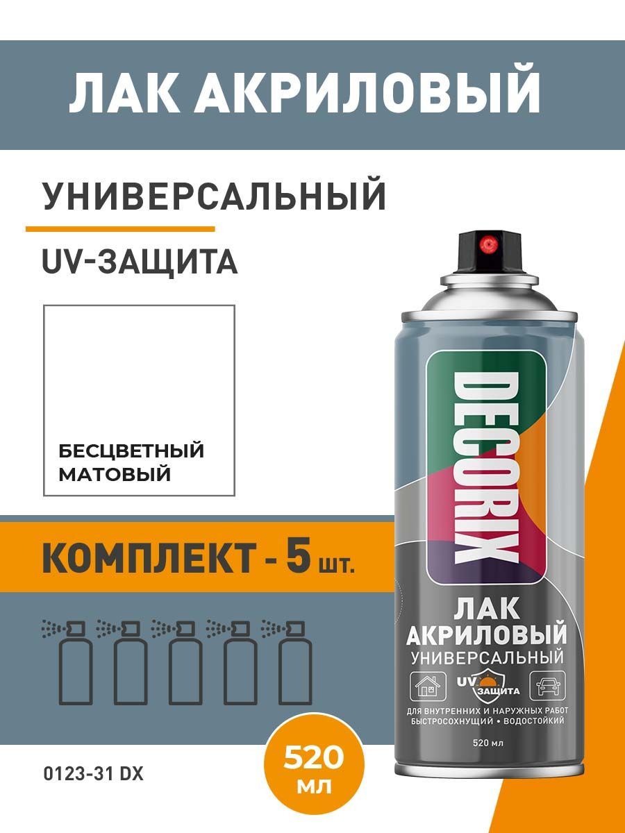 Лак с защитой от УФ аэрозольный бесцветный DECORIX матовый - лак универсальный защитный от ультрафиолета в баллончике 520 мл - комплект 5 шт