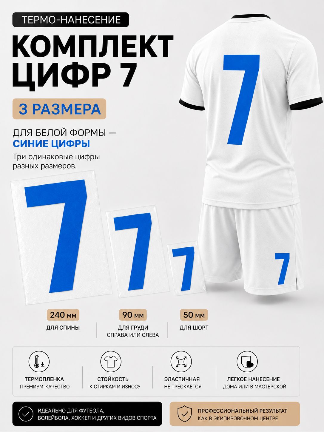 Термоцифра 7 для спортивной формы, синие, 3 размера: 240/90/50 мм