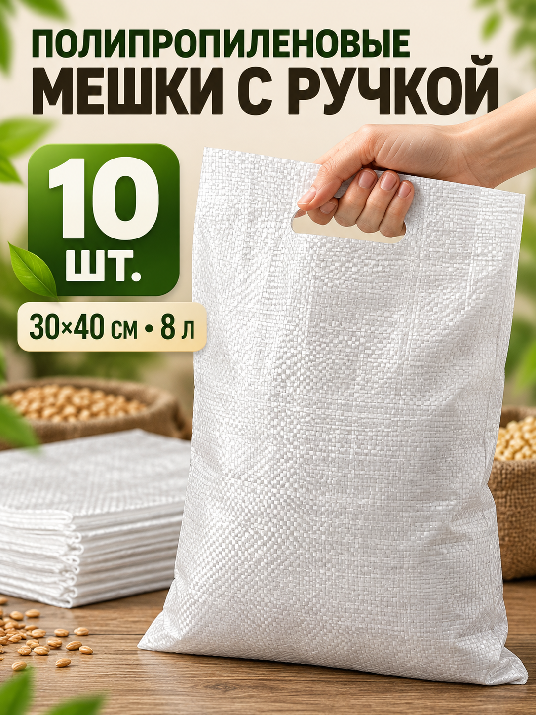 Мешки для сыпучих продуктов, полипропилен, 5 КГ, 40x30 см, 10шт, белые