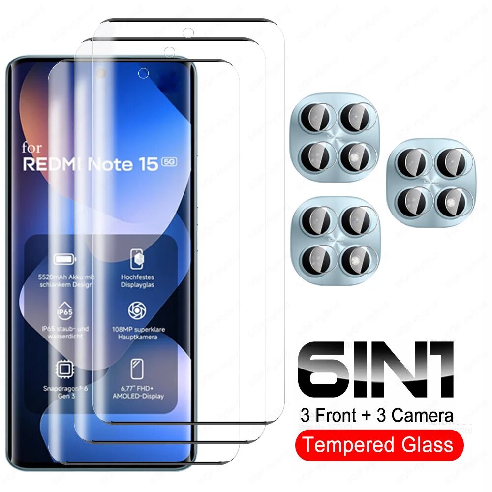 Изогнутое стекло 6To1 9H для Xiaomi Redmi Note 15 5G 4G For Note15Pro Plus, 3Glass 3Camera