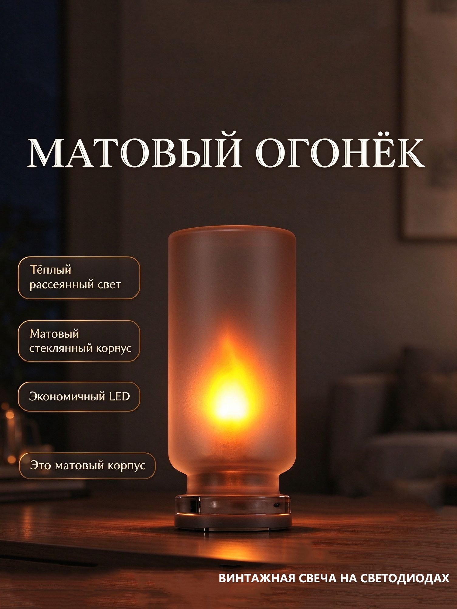 > Ночниксвеча USB декоративный, атмосферная лампа с имитацией пламени, матовое стекло для дома и автомобиля