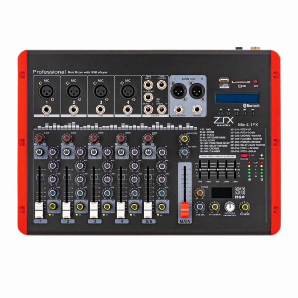 ZTX audio Mix 4.1. Fx микшерный пульт 4mono, 1stereo каналы с MP3/SD/DSP/BT