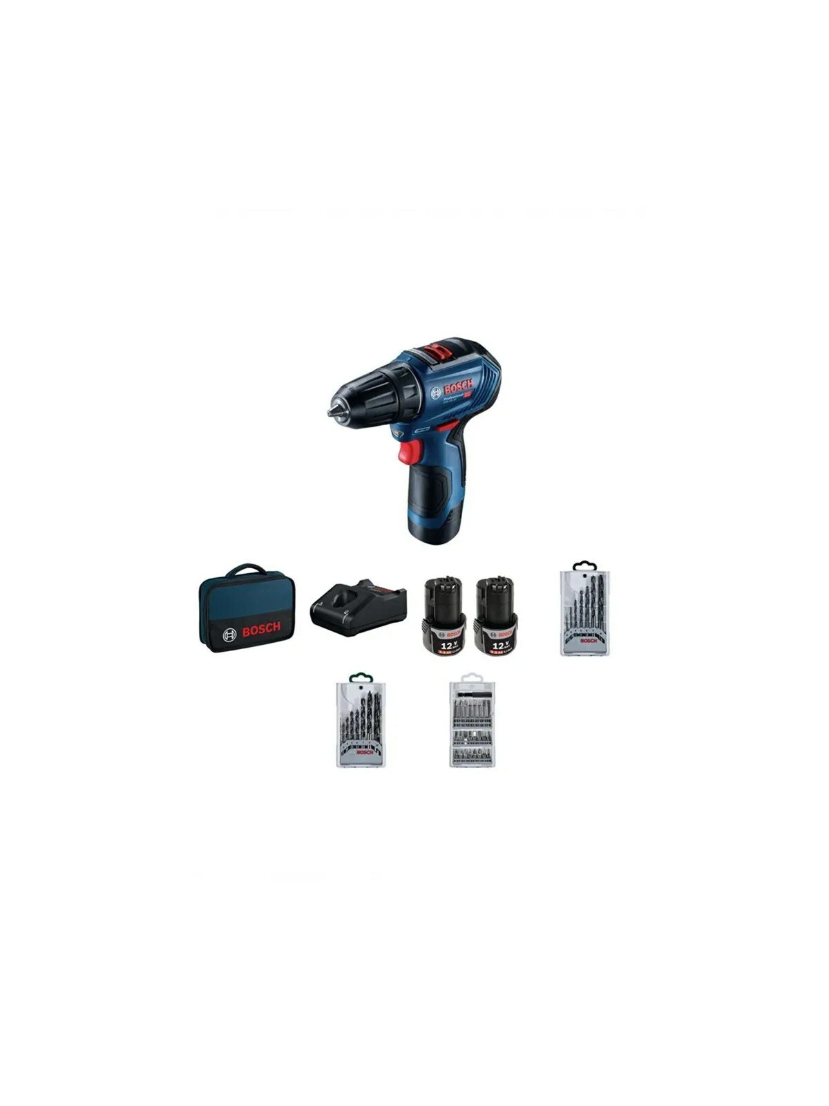 Аккумуляторная ударная дрель-шуруповерт Bosch GSB 12V-30, 2x АКБ 2.0 Ач+Набор отверток из 39 предметов , 06019G9101