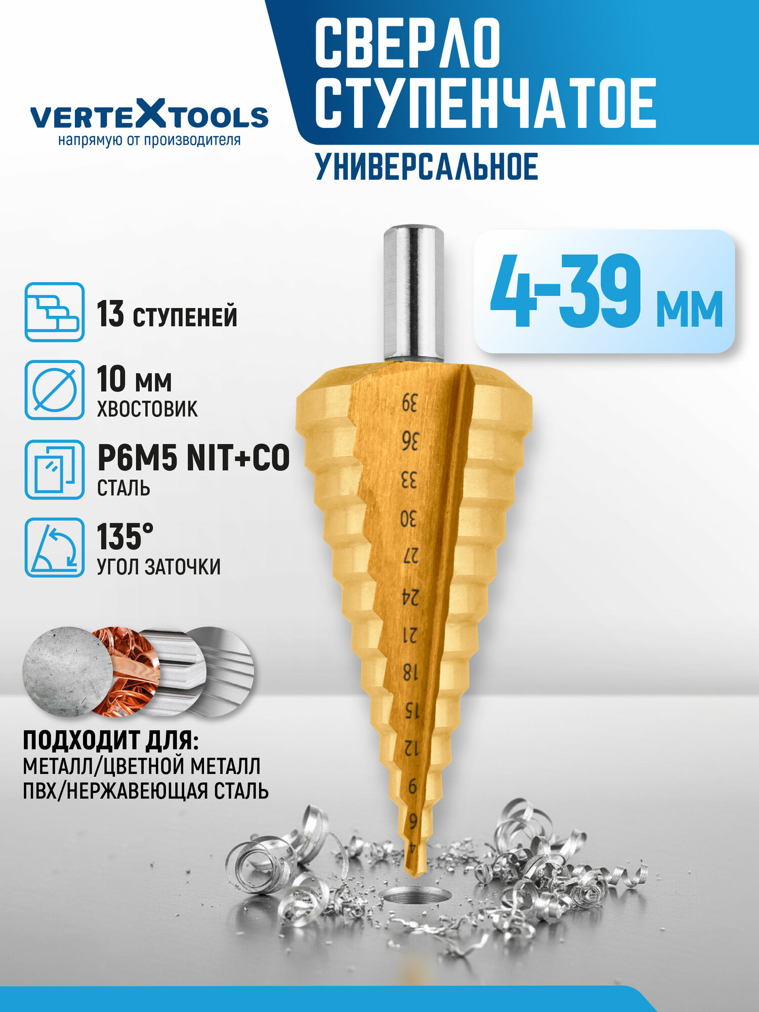 Сверло ступенчатое 4-39 мм шаг 3 мм из стали Р6М5 VertexTools