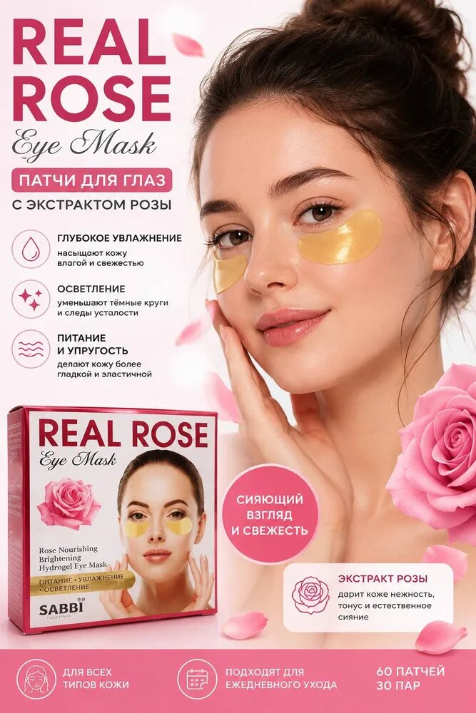 Sabbi Патчи для глаз гидрогелевые с экстрактом розы и коллагеном, Real Rose Eye mask. 60 шт.