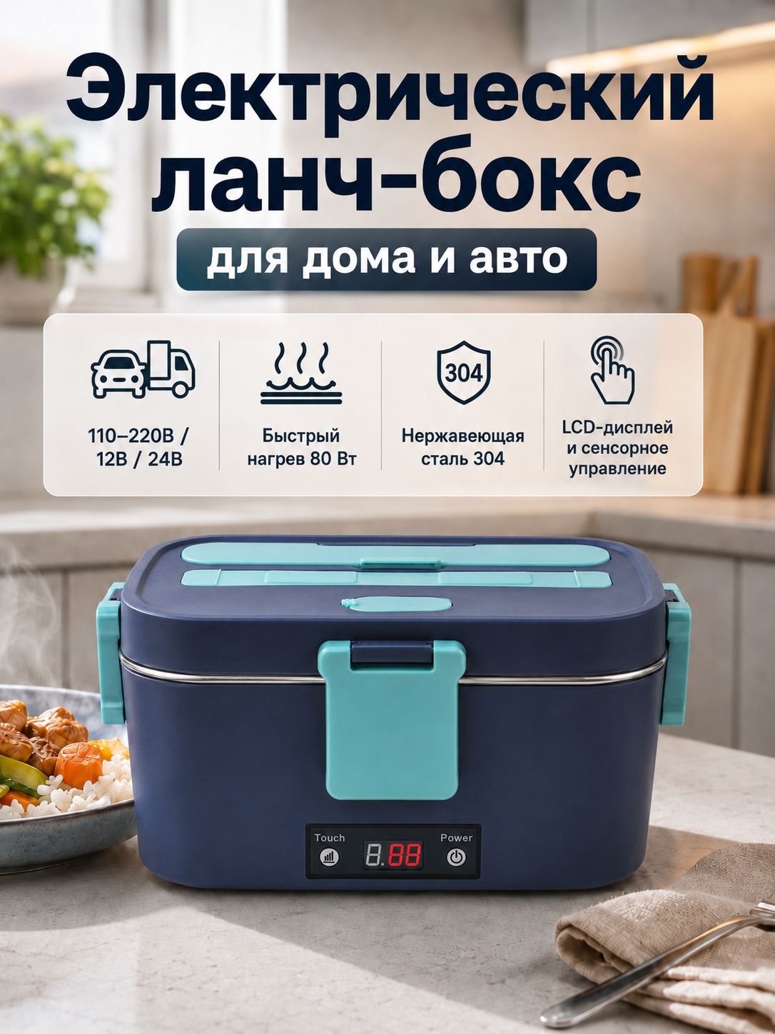 Электрический ланч-бокс с подогревом для автомобиля и дома, 12/24/220 В, контейнер из нержавеющей стали, портативный термоланчбокс еды