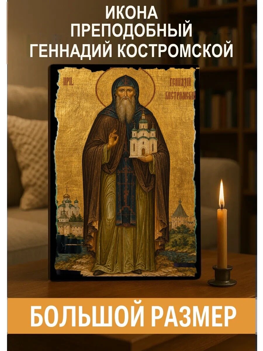 Икона Преподобный Геннадий Костромской, на дереве, 30×40 см, освящённая