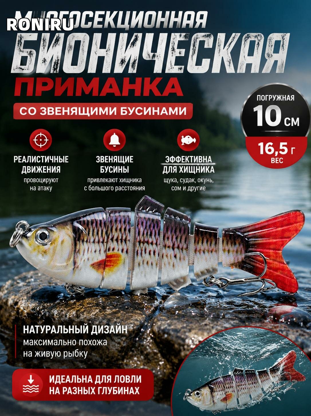 Многосекционная бионическая приманка Luya 10 см 16,5 г со звенящими бусинами — погружная для ловли хищной рыбы