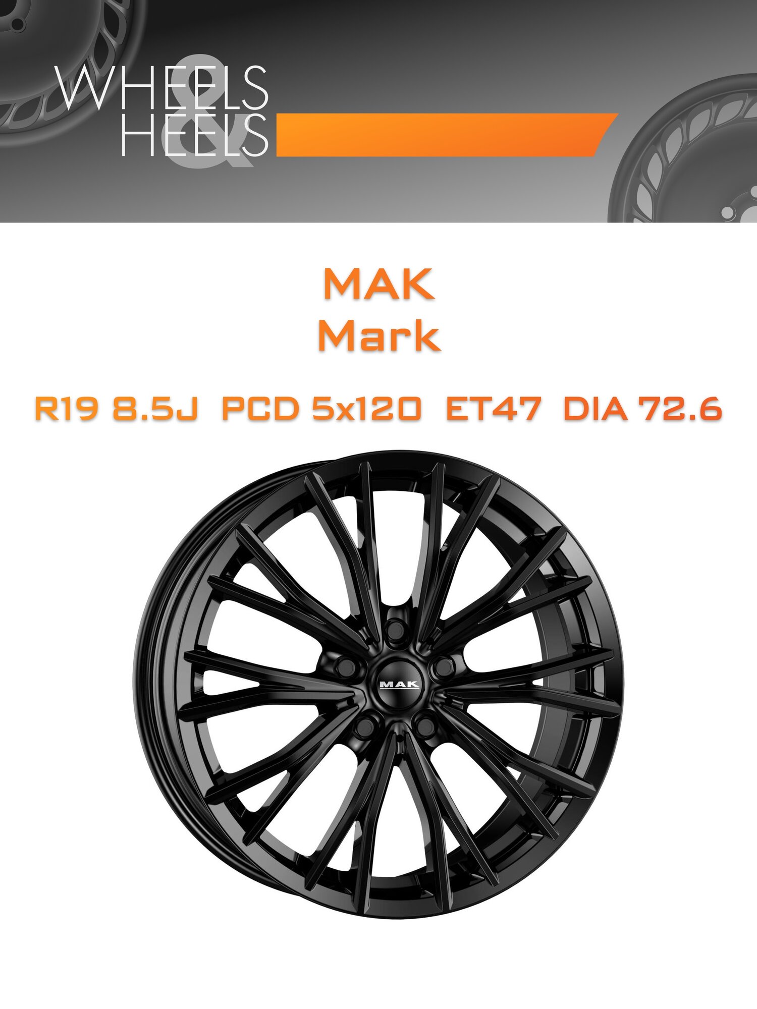 Диск автомобильный литой MAK Mark 19x8.5 5x120 et47 dia72.6 Чёрный глянцевый