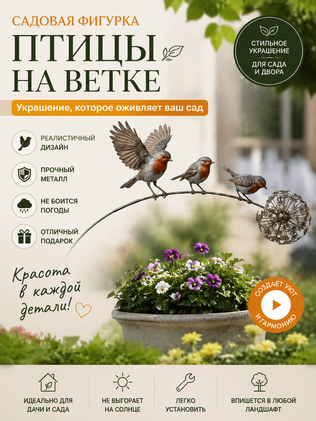 Металлическая садовая фигура воробьёв на ветке с одуванчиками