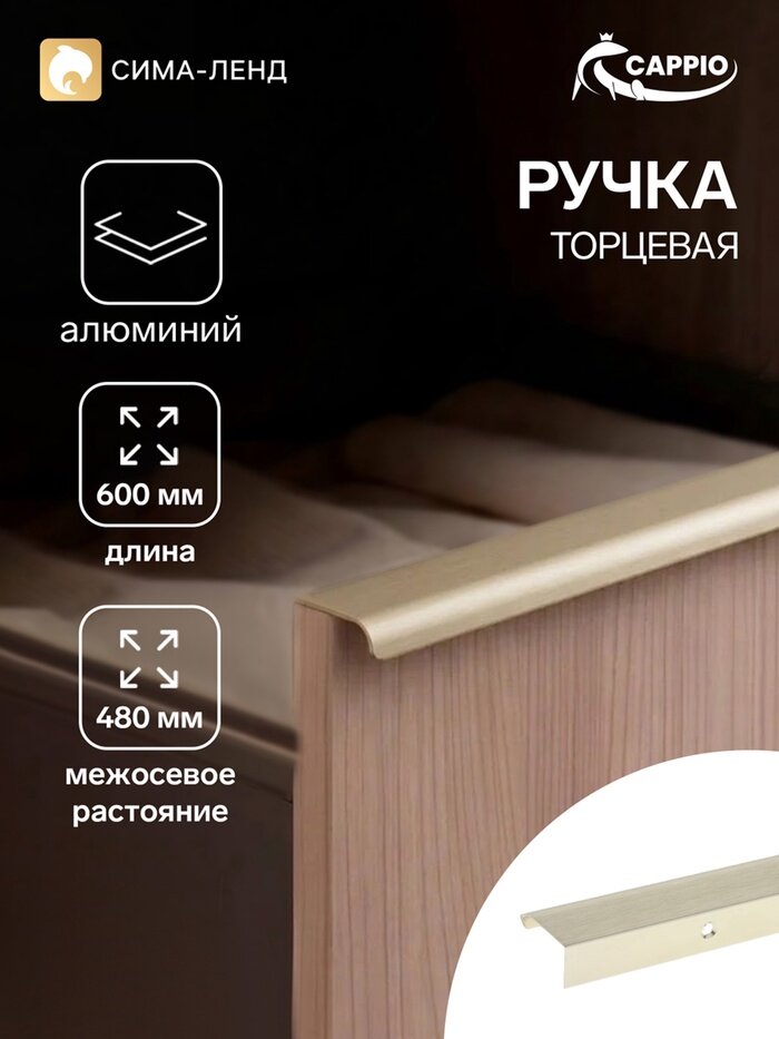 CAPPIO Ручка профильная мебельная торцевая CAPPIO RT002AU, L=600 мм, м/о 480 мм, сатиновое золото