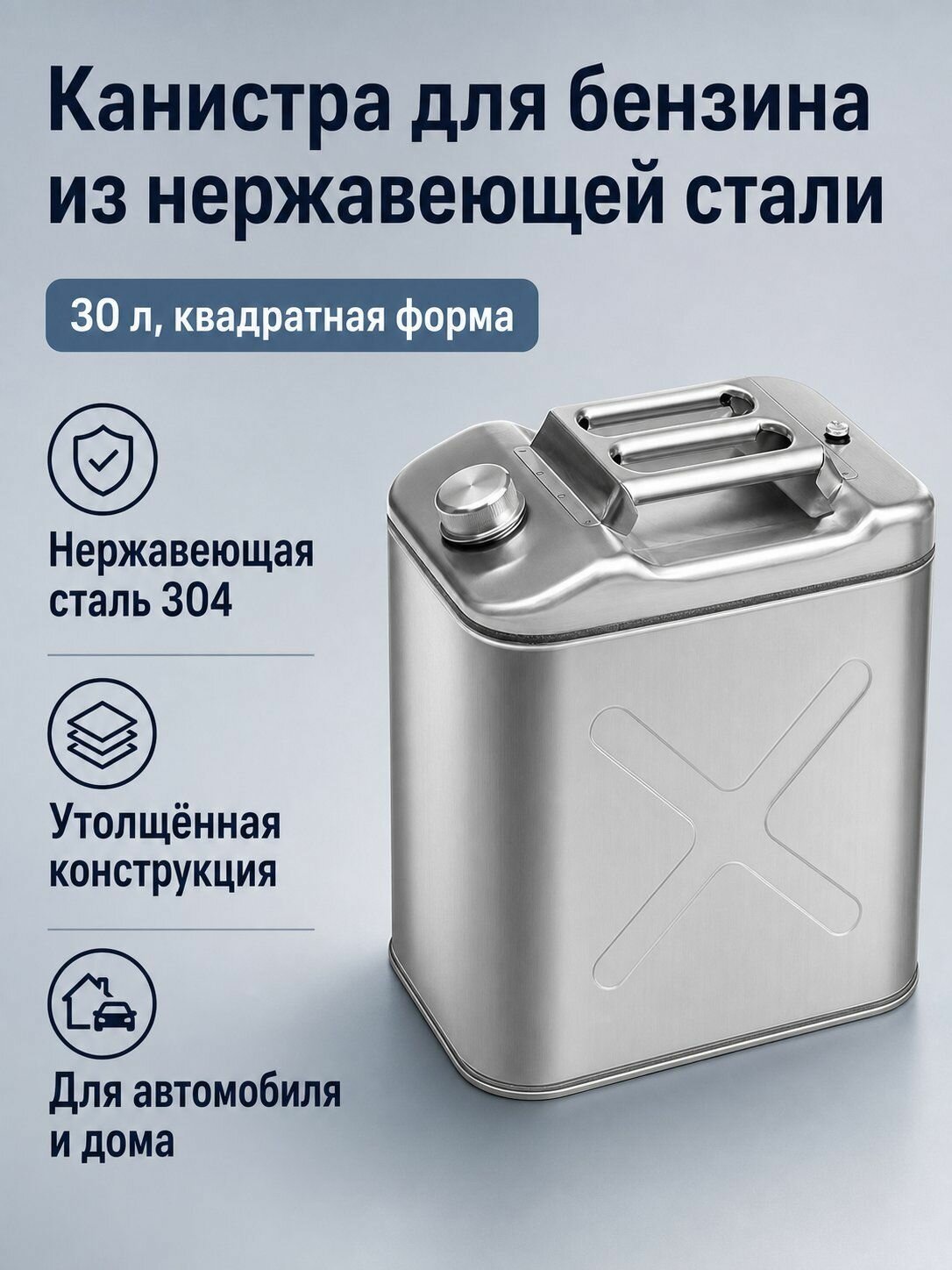 Топливная канистра из нержавеющей стали 304, прямоугольная, 30 л, толщина стенки 0.6 мм