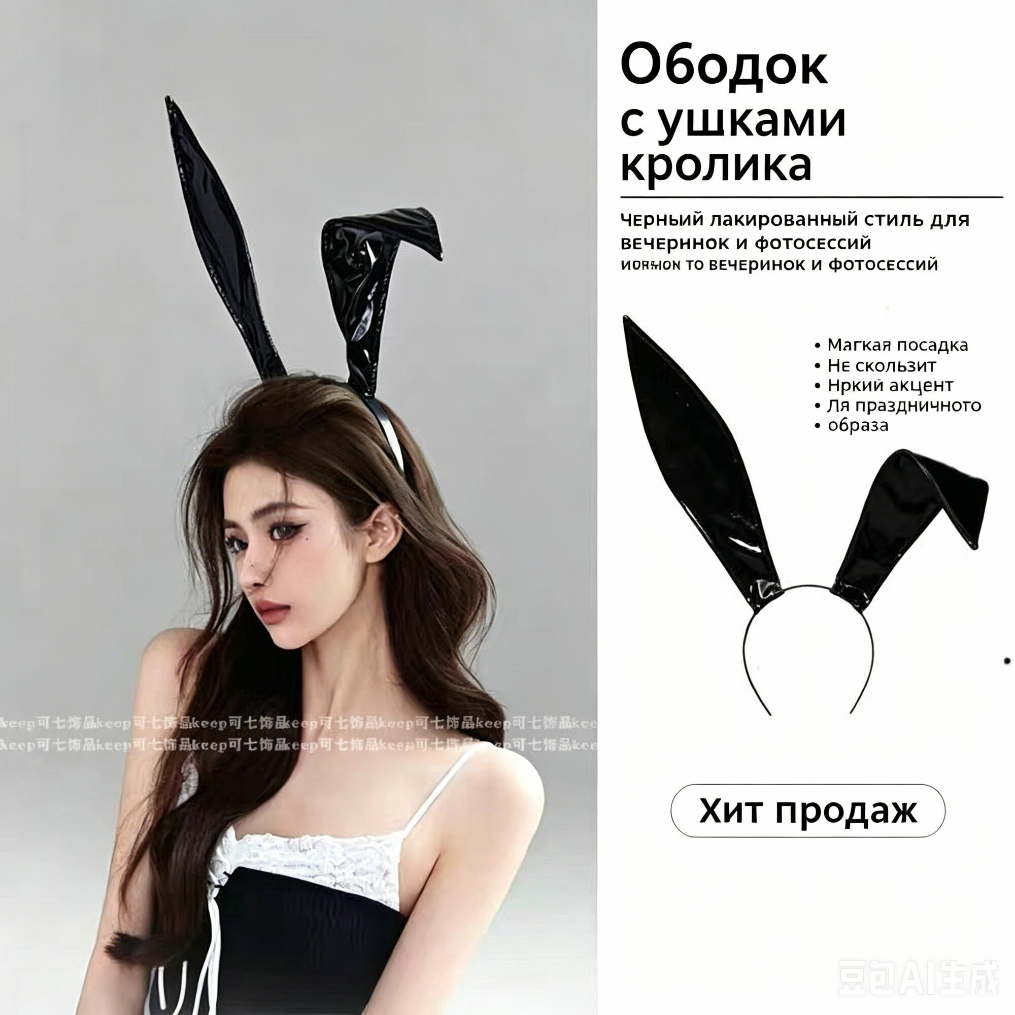Черный ободок с длинными лакированными ушками кролика, аксессуар для фотосессий, вечеринок и костюмов на Хэллоуин