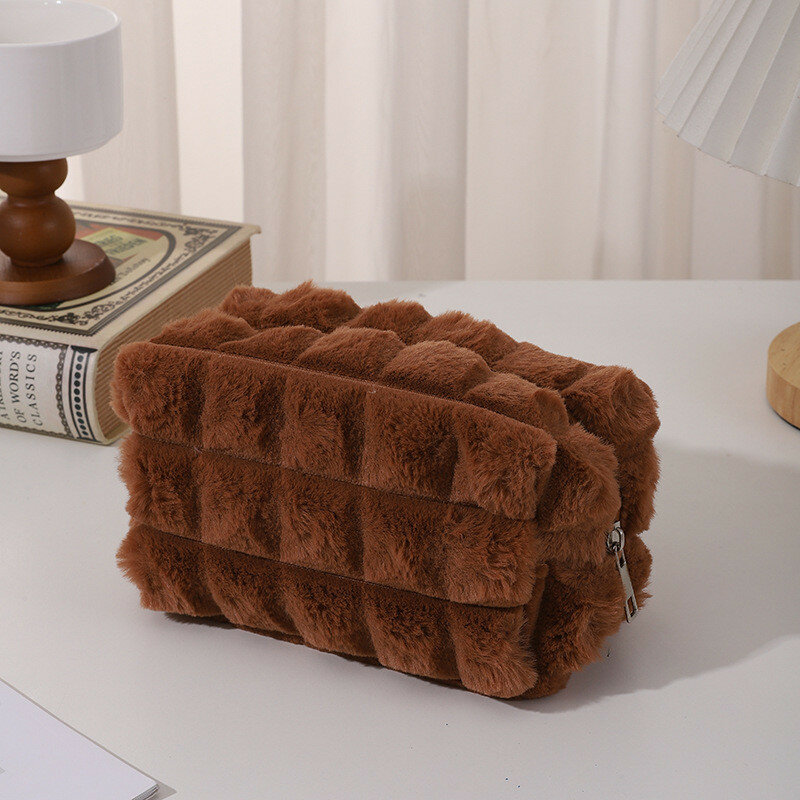 Cute fluffy pen bag with large capacity for girls and boys, brown