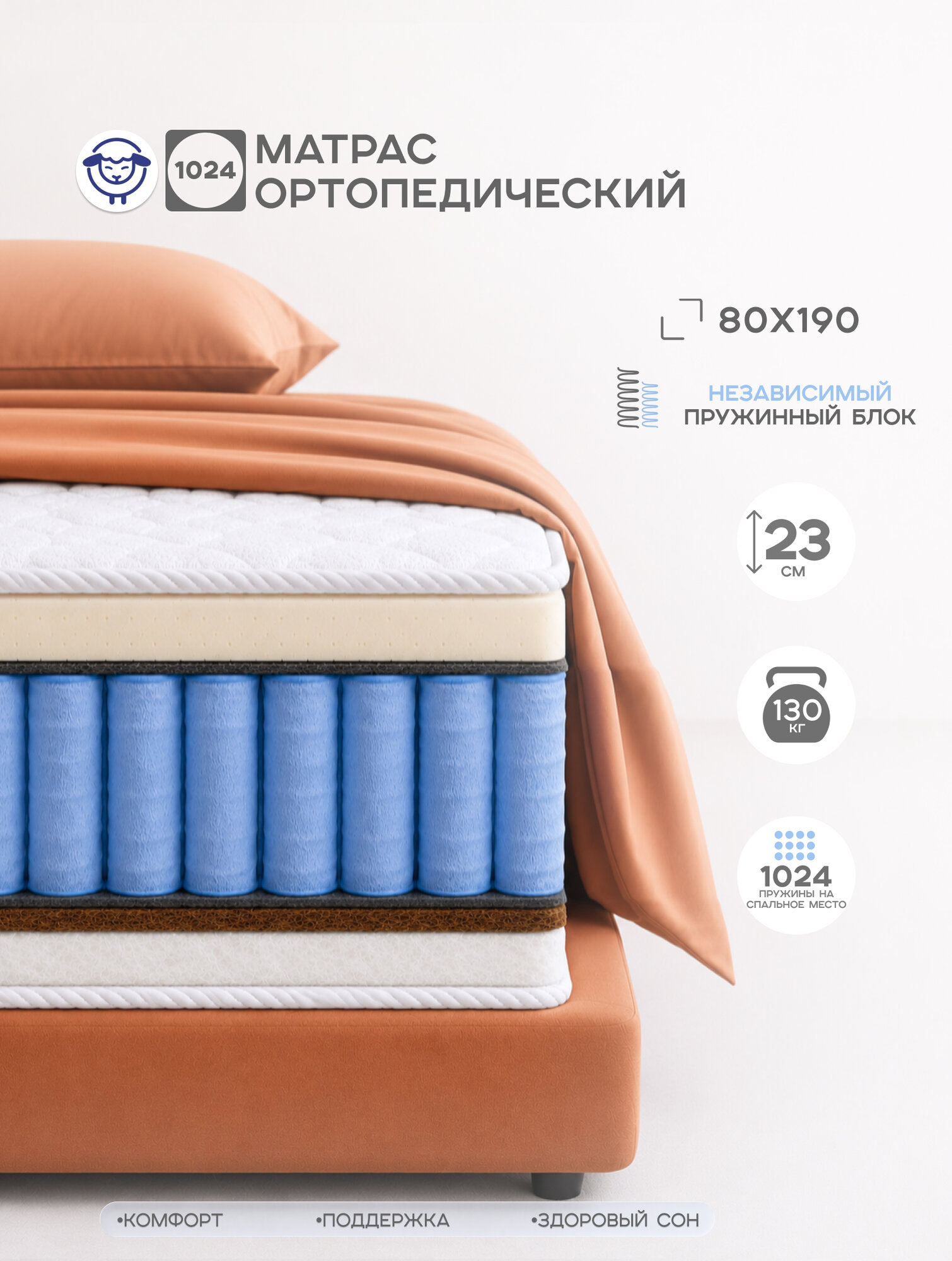 Ортопедический двусторонний матрас 80х190 "Премиум лайт ЛОФ" с пеной LOFfoam, Ортис