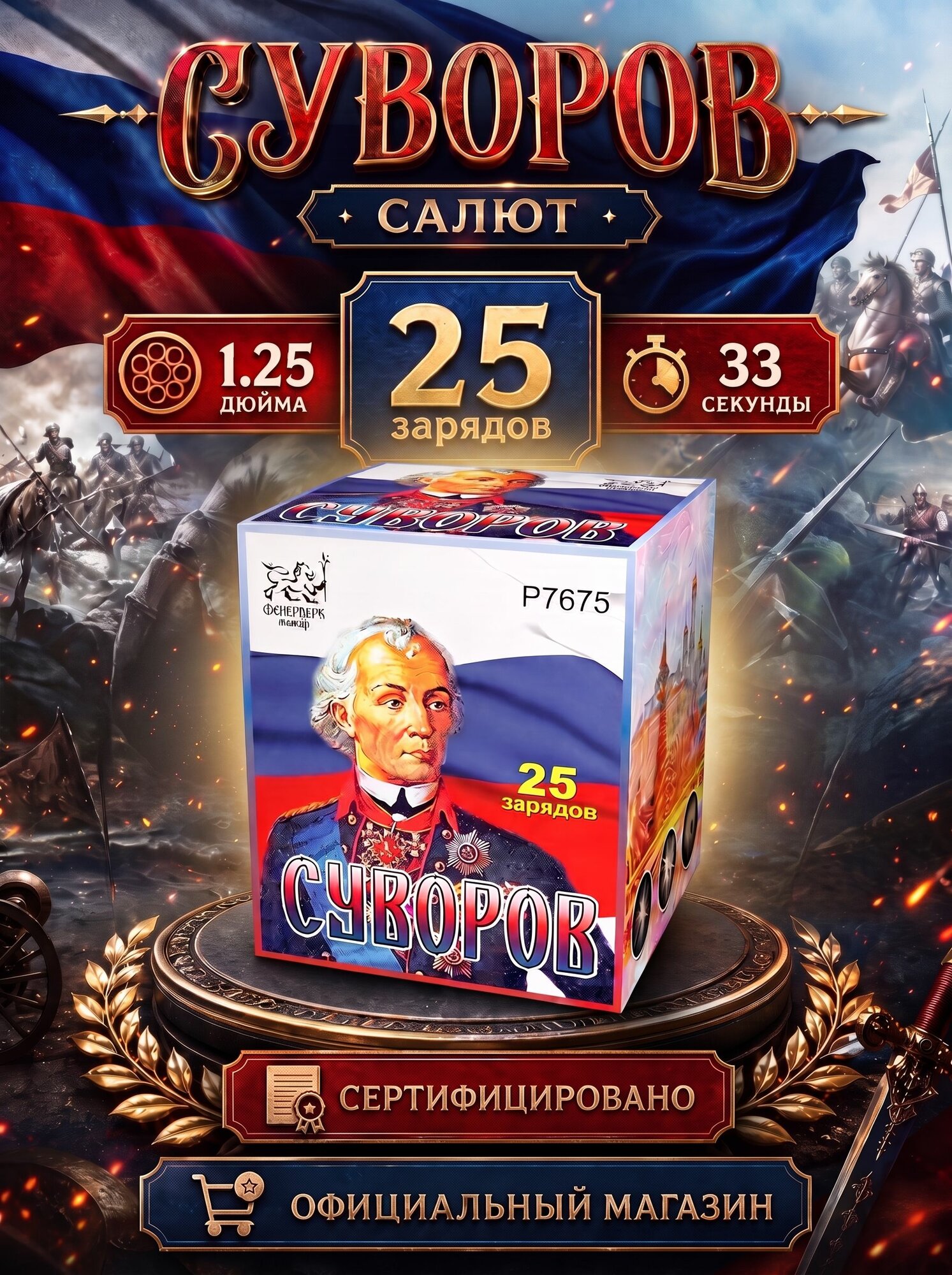 Салют фейерверк Суворов, 25 залпов, 1.25 дюйма, P7675, Фейерверк-Мастер
