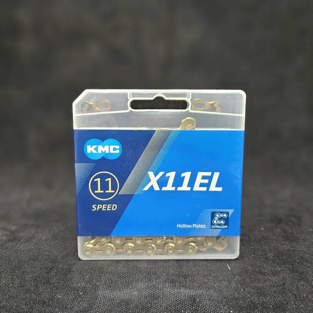 Цепь велосипедная 11 скоростей KMC X11EL Ti-N Gold 118 звеньев, облегченная EL-extra light, с замком, покрытие нитрид титана, золотистая