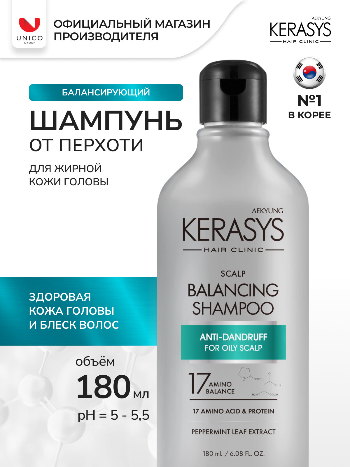 Kerasys Лечебный Шампунь от перхоти для жирных волос с мятой 180 мл, Корея
