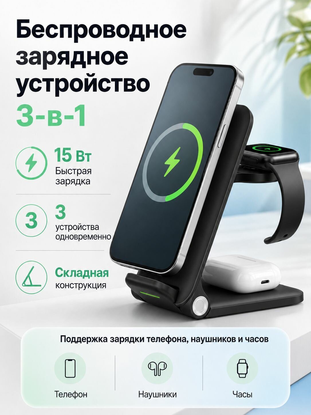 Беспроводное зарядное устройство для Android беспроводное 3 в 1 для смарфтонов iPhone, Samsung и часов, наушников / чёрный
