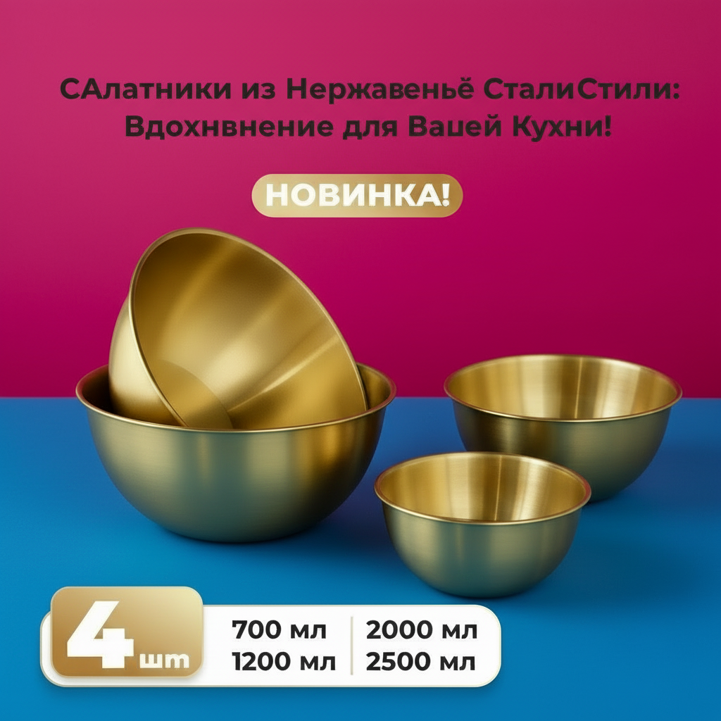 Shiny Kitchen золотые миски нержавеющая сталь набор 4 шт объем 2.5 л