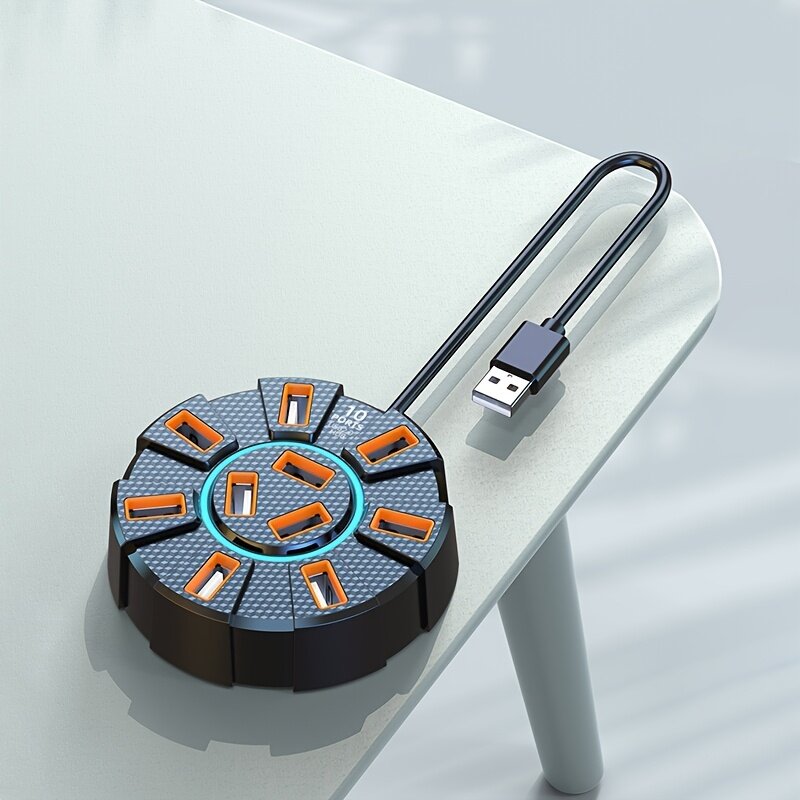 USB-хаб на 10 портов с разноцветной подсветкой, USB 2.0, с возможностью внешнего питания, Plug and Play, черный