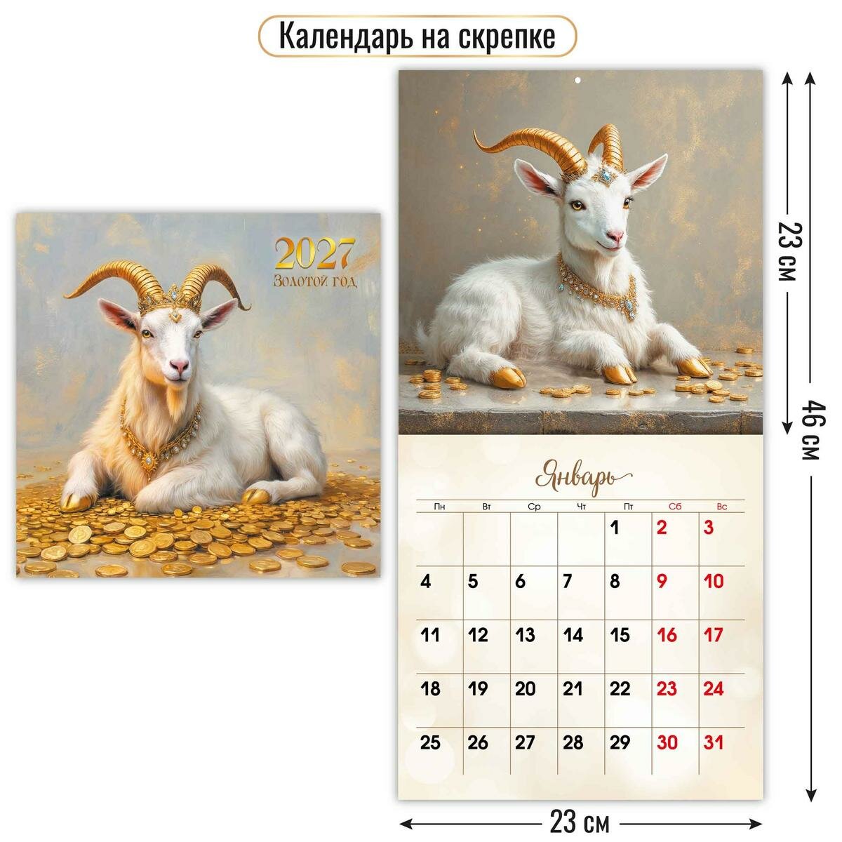 Календарь на скрепке 23х46см, 2027 "Символ года", с иллюстрацией на каждый месяц