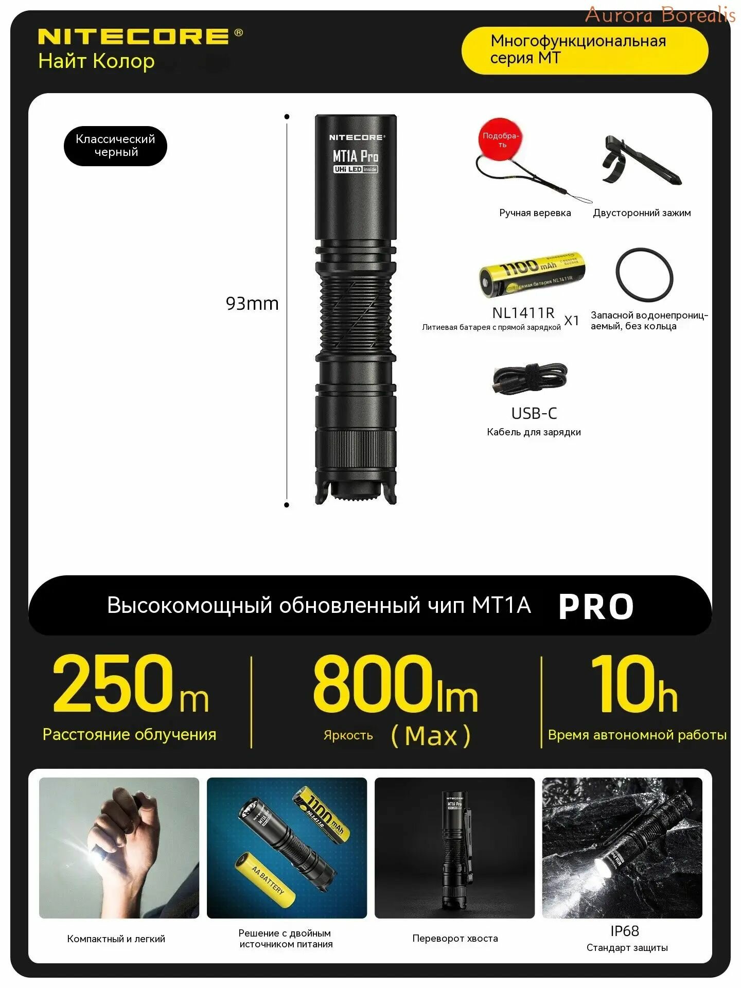 Портативный фонарик Nitecore MT1A PRO Mini LED высокой интенсивности