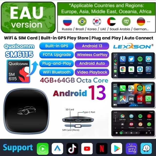 Беспроводной Android 13 CarPlay AI Box 4 ГБ + 64 ГБ 4G Lite Для Оригинальных Автомобилей С Интегрированным Android Auto SM6115
