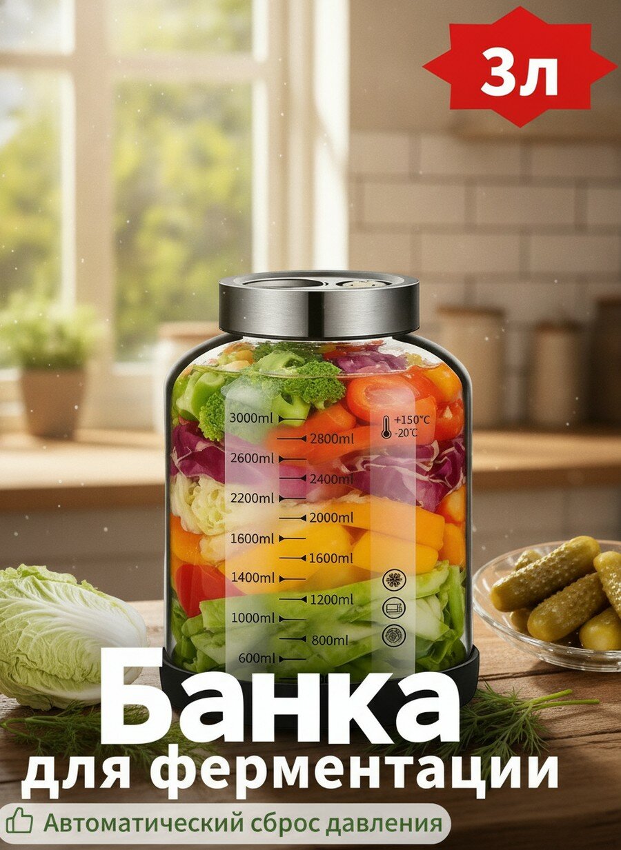 Банка для ферментации 3 литра из пищевого термостойкого стекла, автоматический сброс давления, мерная шкала, для засолки овощей, заквасок и домашних заготовок